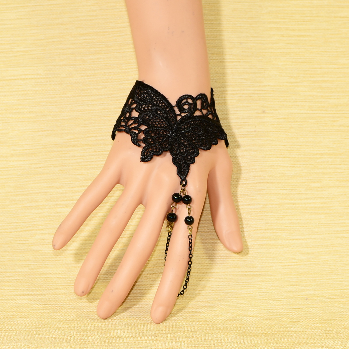 Fashion Vintage Black Lace Bracelet Connected Ring Beaded Chains on Luulla